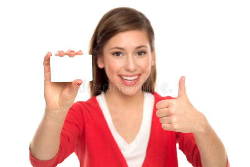 Beautiful Smiling Woman Pointing at Gift Card Stock Photo - Image of ...