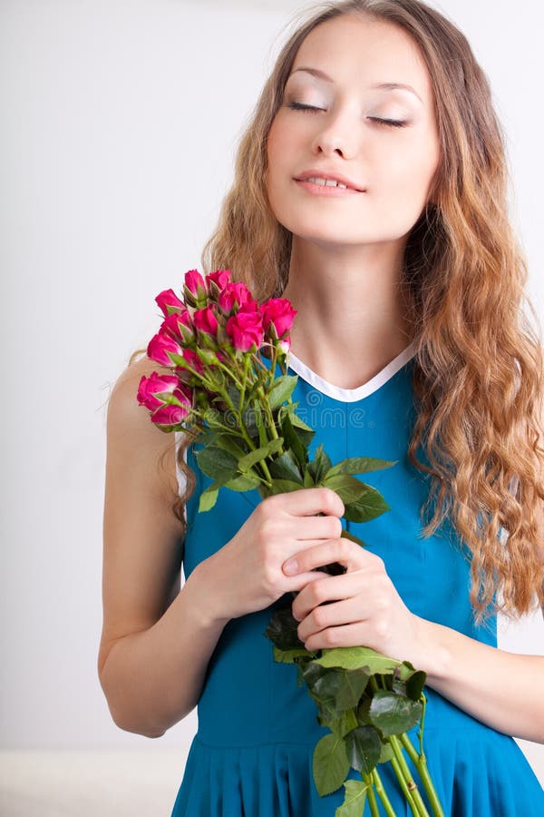 Woman Holding Bouquet of Roses Stock Image - Image of caucasian, gift ...