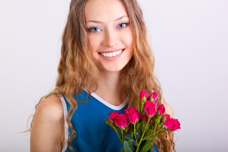 Woman Holding Bouquet of Roses Stock Photo - Image of hair, dress: 29217066