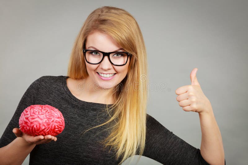 Woman Holding Brain Having Idea Stock Image - Image of thumb, knowing ...