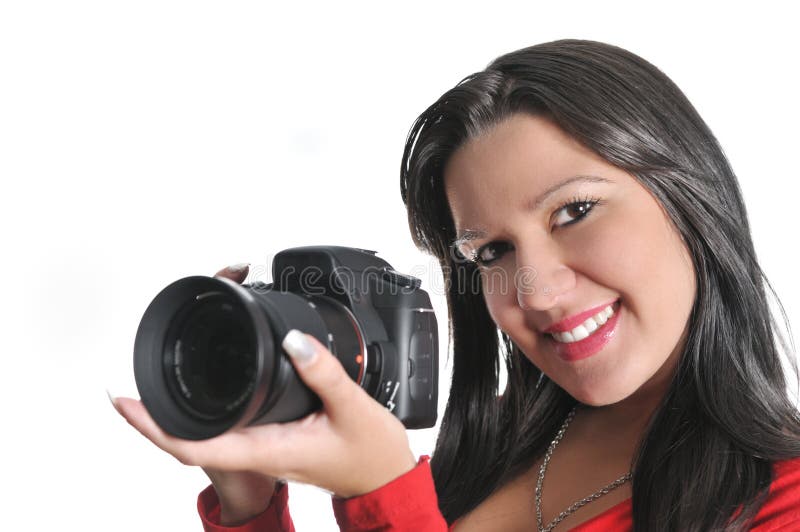 Woman Holding DSLR Camera in Hand Stock Image - Image of face, hand ...