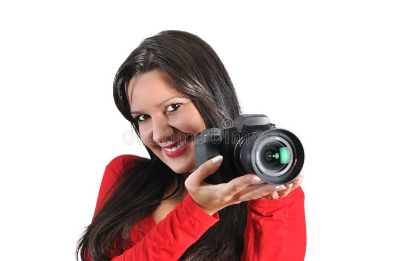 Woman Holding Camera in Hand T Stock Photo - Image of technology, hair ...