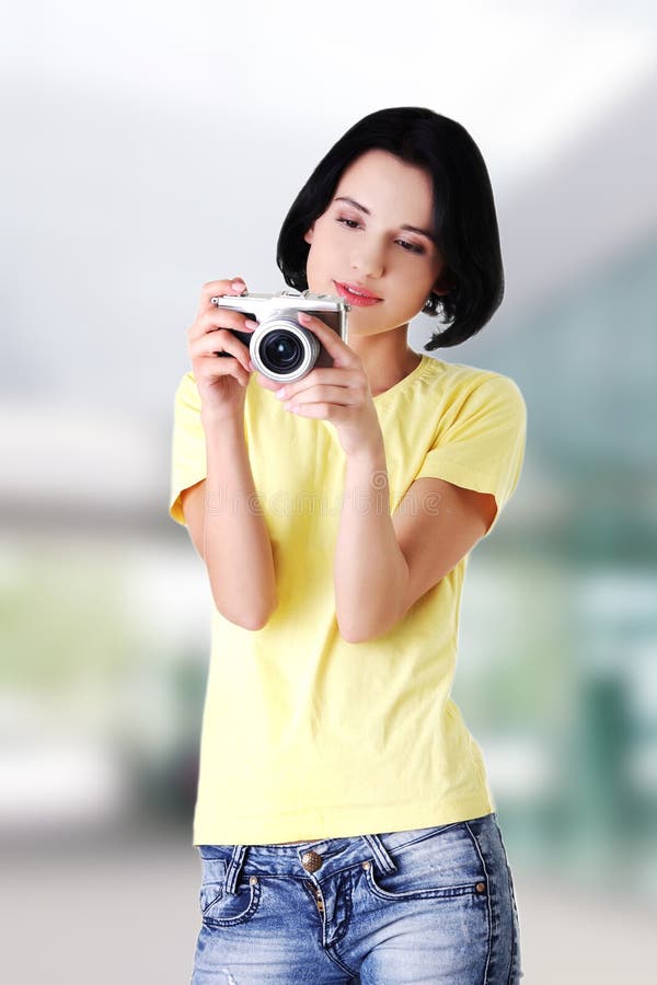 Woman holding a camera stock photo. Image of smile, lady - 48693386