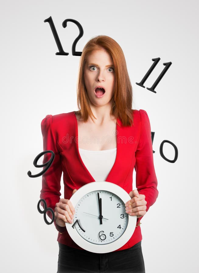 Woman Holding a Clock with Numbers Flying Stock Image - Image of hold ...