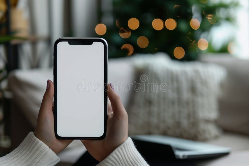 Woman Holding a Communication Device with White Screen Using Finger ...