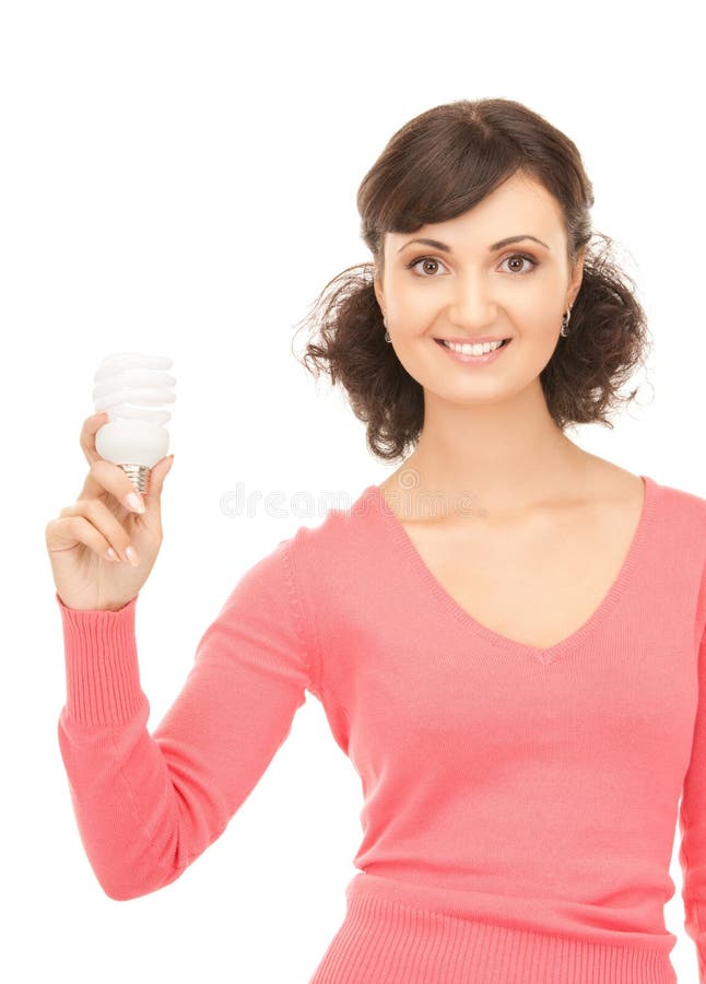 Woman Holding Energy Saving Bulb Stock Image - Image of female ...