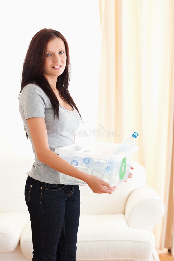 Woman Holding Filled Recycling Bin Stock Image - Image of clean ...