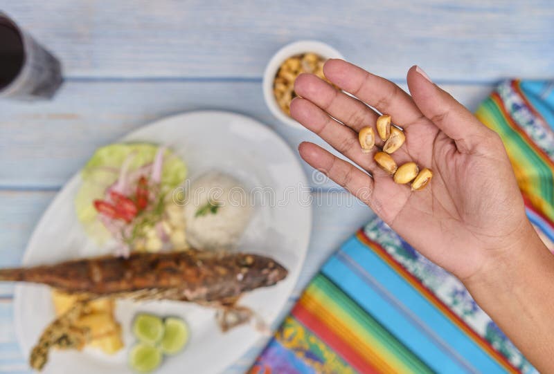 Woman Holding a Fried Peruvian Corn Nut Known Also As Cancha, Selective ...