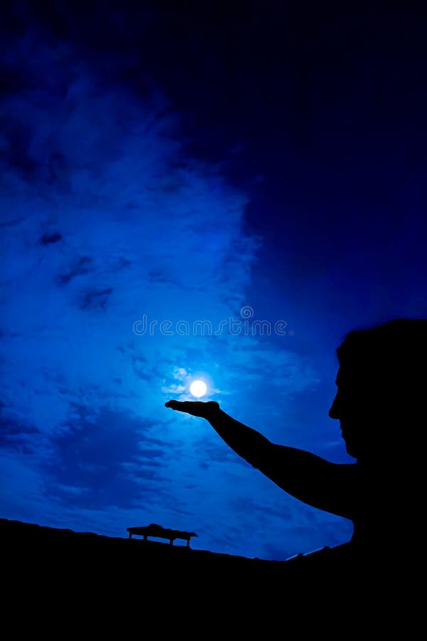 Woman Holding Full Moon Hand Against Night Sky Stock Photos - Free ...