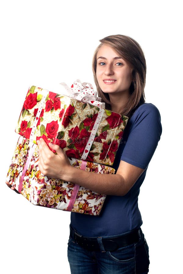 Woman holding a gift box stock image. Image of portrait - 26556185
