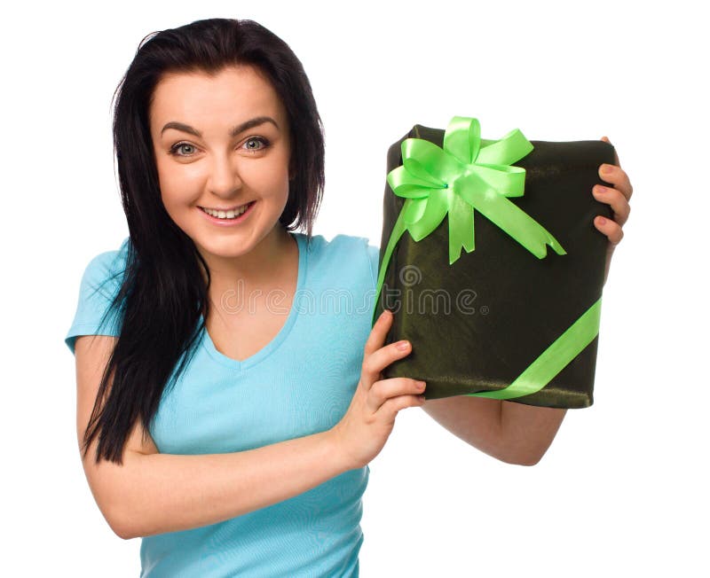 Portrait of Young Happy Smiling Woman Hold Red Gift Box. Isolat Stock ...