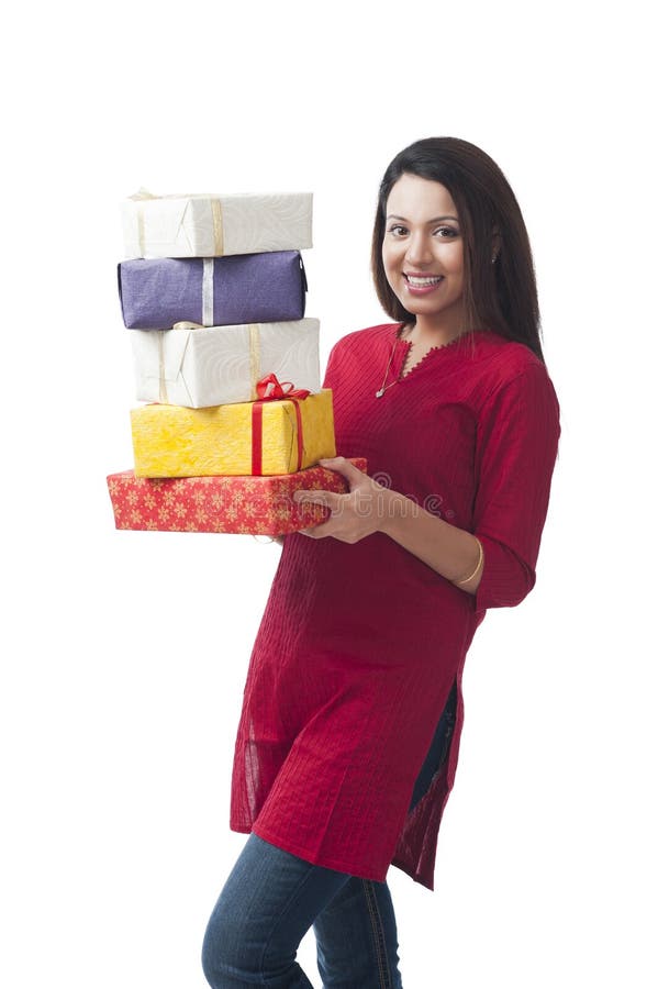 Woman holding gift boxes stock photo. Image of casual - 36388022
