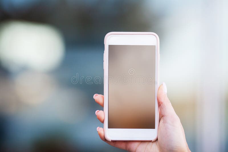 Woman Holding in Hand Phone Close Up Outdoors Stock Image - Image of ...