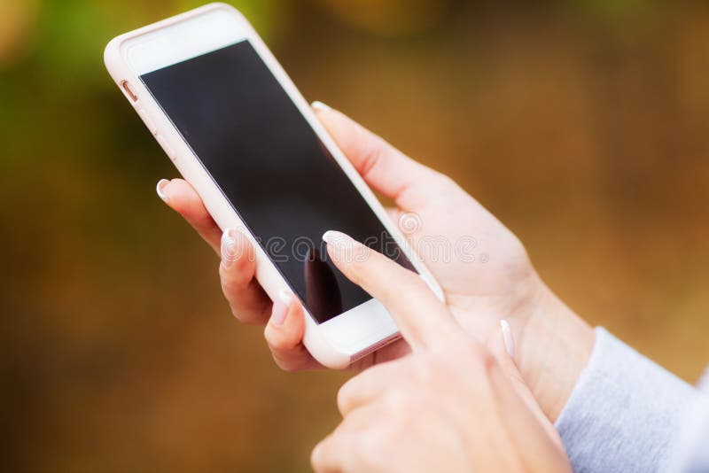Woman Holding in Hand Phone Close Up Outdoors Stock Photo - Image of ...