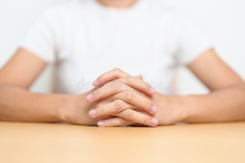 Woman Holding Hands on Table. Business, Thinking, Decision, Logical and ...