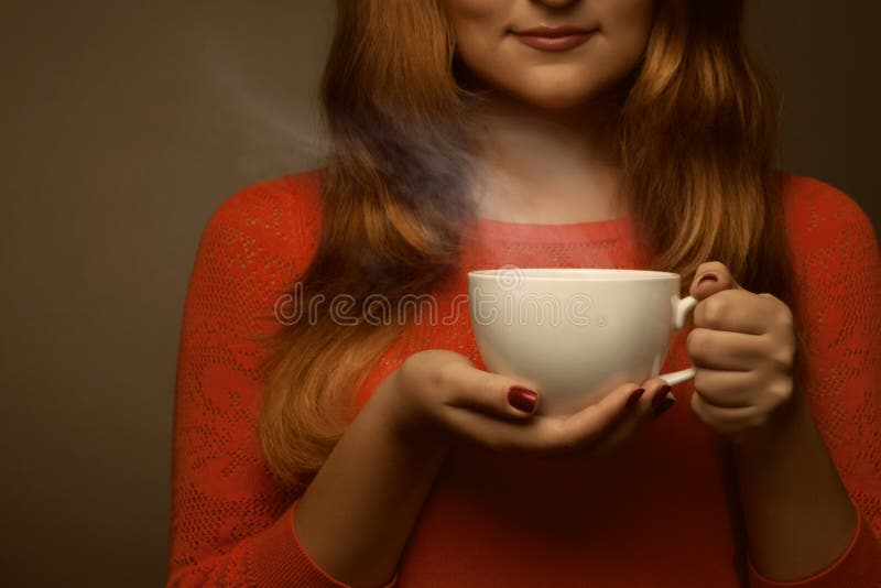 Woman Holding Hot Cup and Smiles Stock Photo - Image of glamour, cafe ...