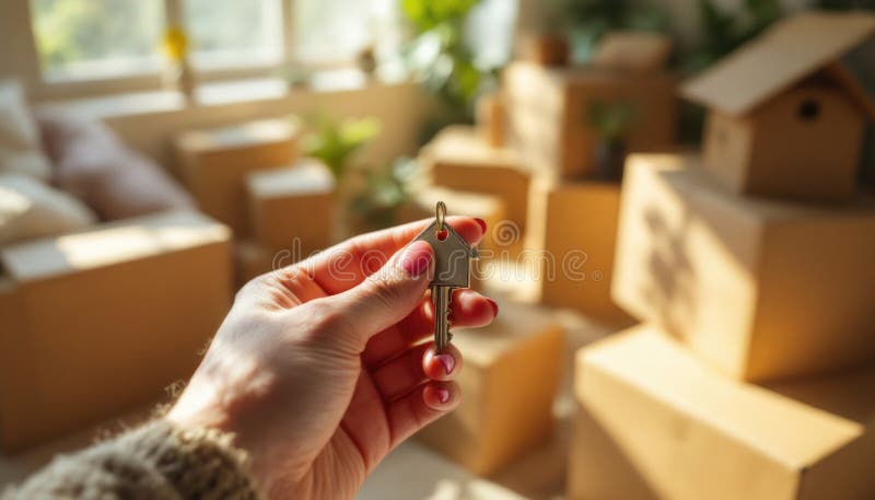 Woman Holding House Key Bright Room Moving Boxes Stock Photos - Free ...
