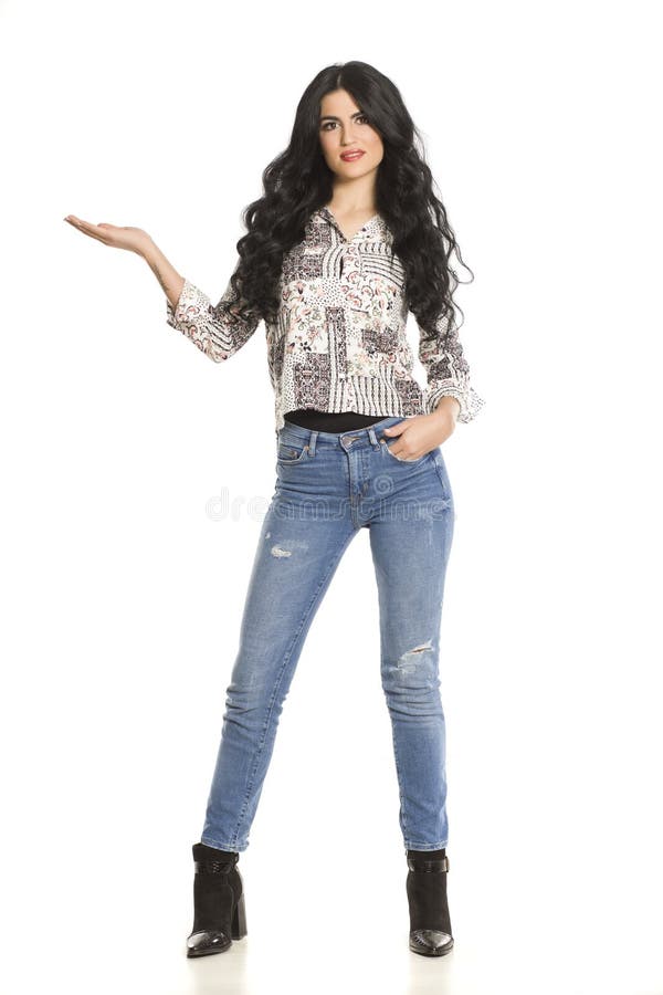 A Woman Holding Imaginary Object in Her Arm on White Stock Photo ...