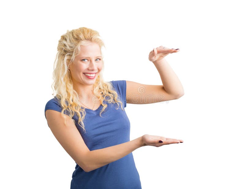Woman Holding Invisible Object Stock Image - Image of extended, joyful ...