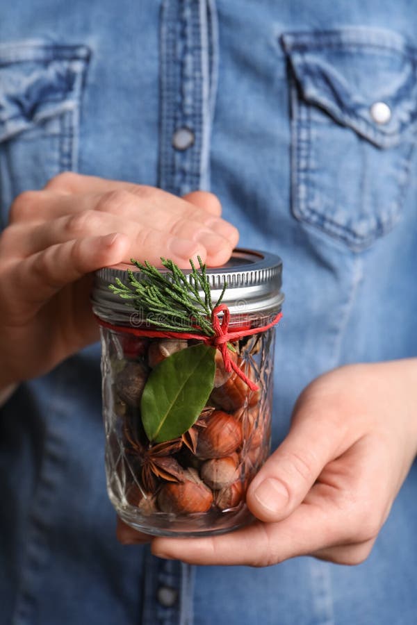 Woman Holding Jar with Aromatic Potpourri, Closeup Stock Image - Image ...
