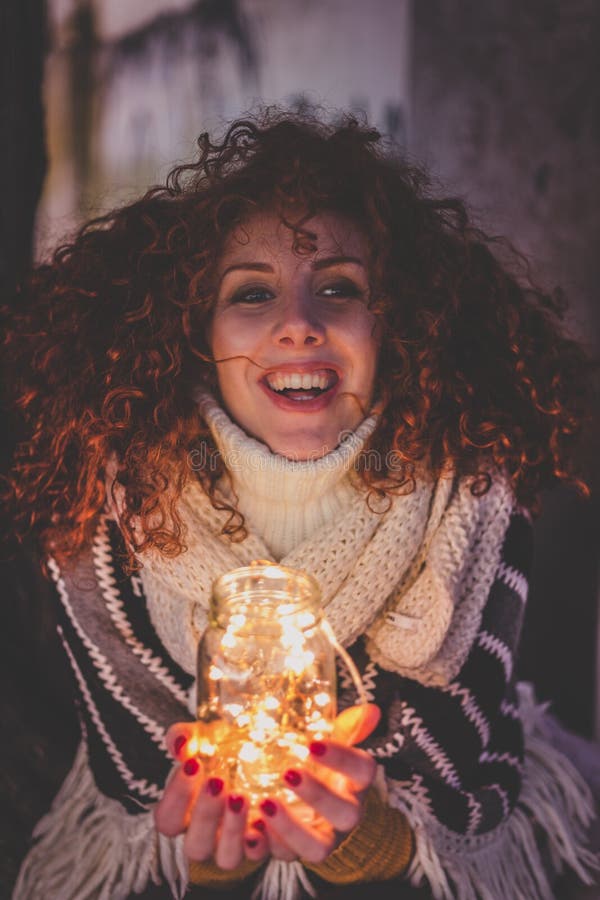 Woman Holding a Jar with String Lights Stock Image - Image of fashion ...