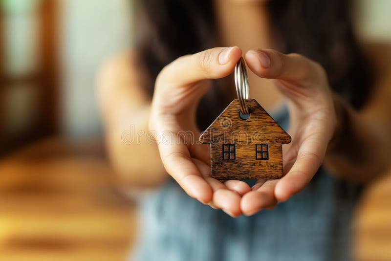 Woman Holding Keys with a House-shaped Keychain in Her Hands Stock ...