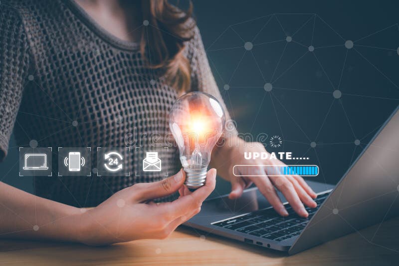 Woman Holding Light Bulb and Update Software Computer. Program Upgrade ...