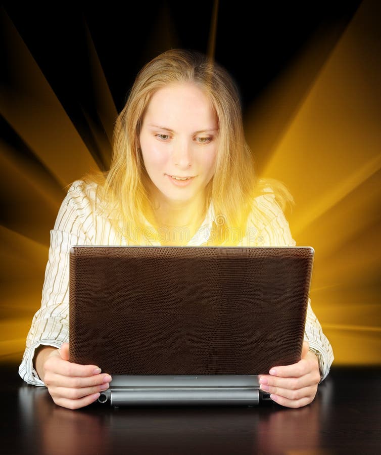 Woman holding magic laptop stock illustration. Illustration of enjoying ...