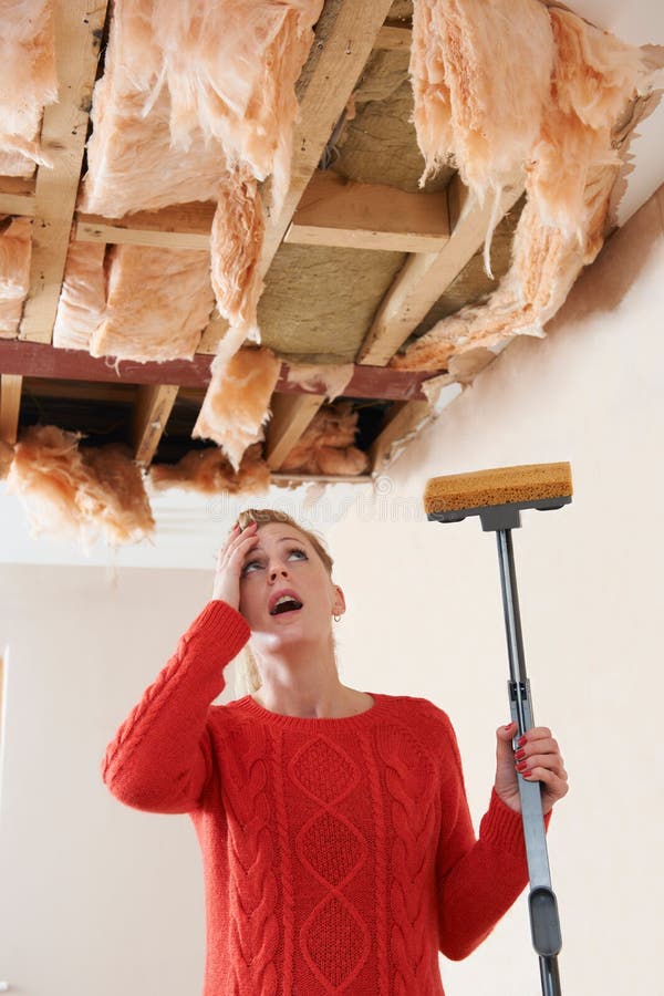 Woman Holding Mop Under Damaged Ceiling Stock Photo - Image of stress ...
