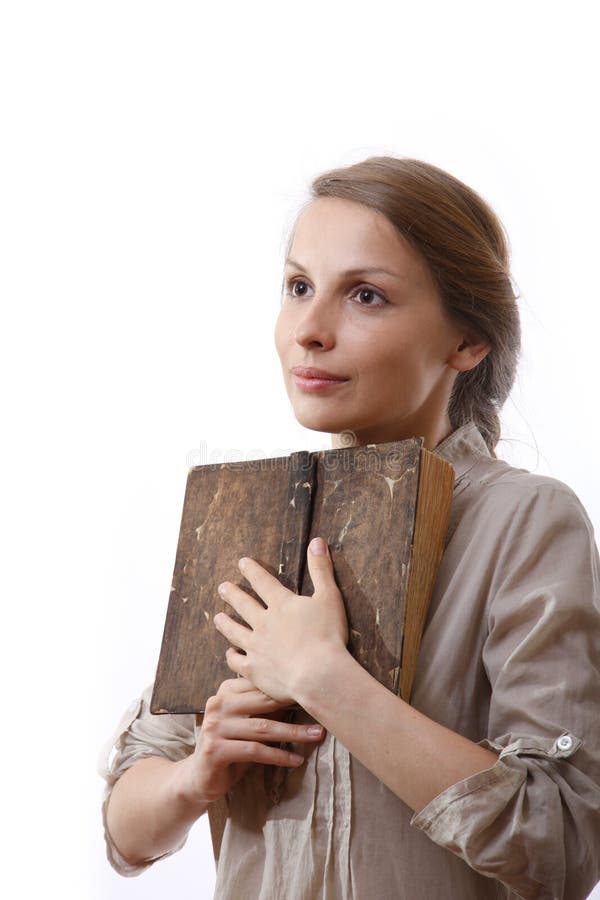 Woman Holding Old Book, Isolated Stock Photo - Image of head, model ...