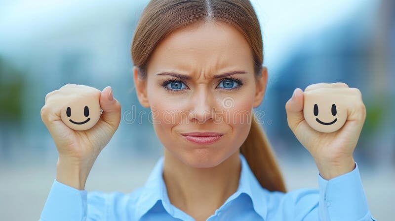 Woman Holding Opposing Emotions Outdoors Stock Illustration ...