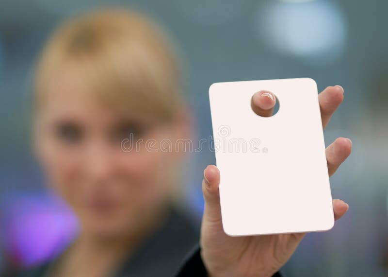Woman holding out card stock photo. Image of marketing - 5615856