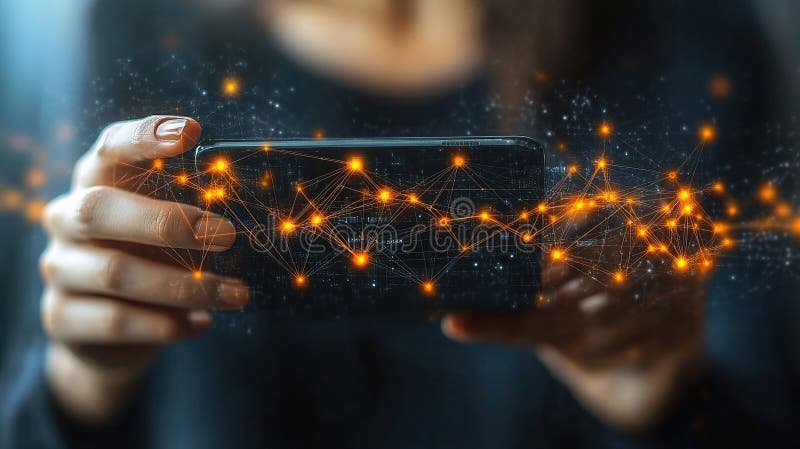 Woman Holding Phone with Glowing Network Graphic Overlay Stock ...