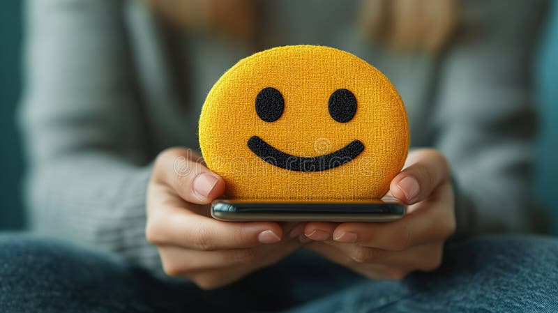 Woman Holding Phone with Smiley Face, Indoor Setting Stock Illustration ...