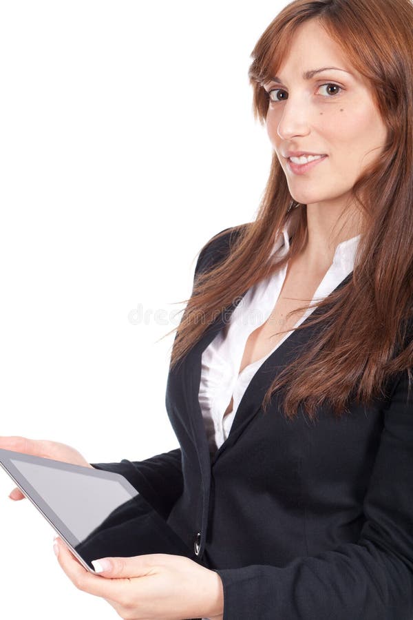 Woman Holding a Portable Computer and Smiling Stock Image - Image of ...