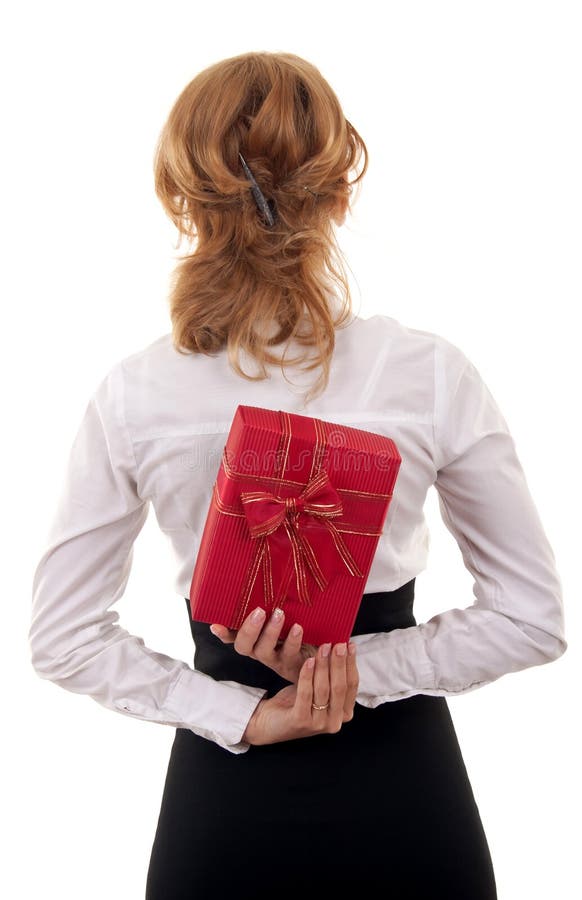 Woman Holding a Present on Her Back Stock Photo - Image of cute ...