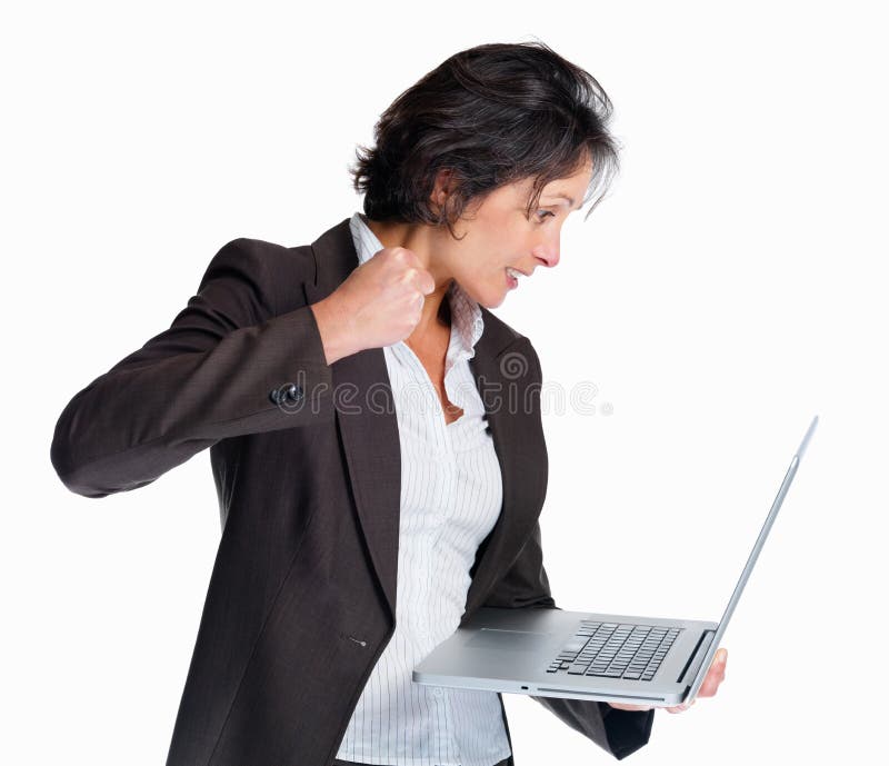 Woman Holding and Punching Her Computer Stock Image - Image of looking ...