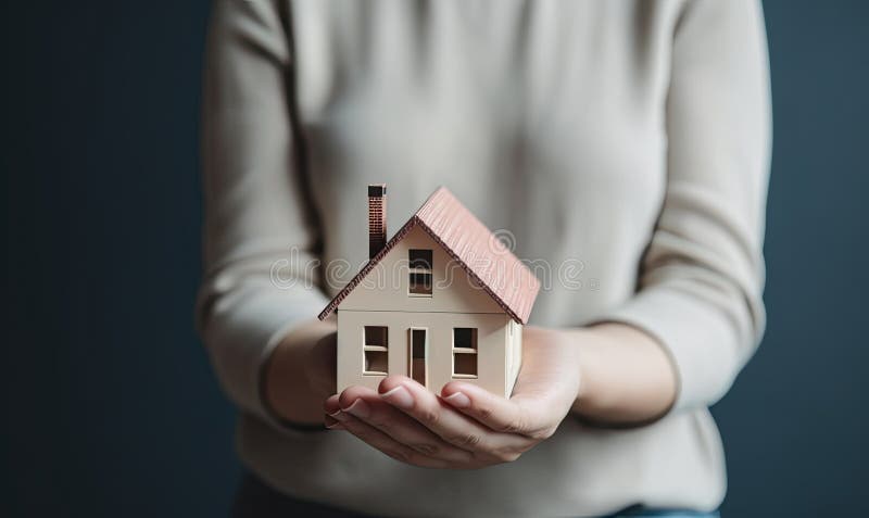 Woman Holding Small Model House, Dreaming of Homeownership. Creating ...