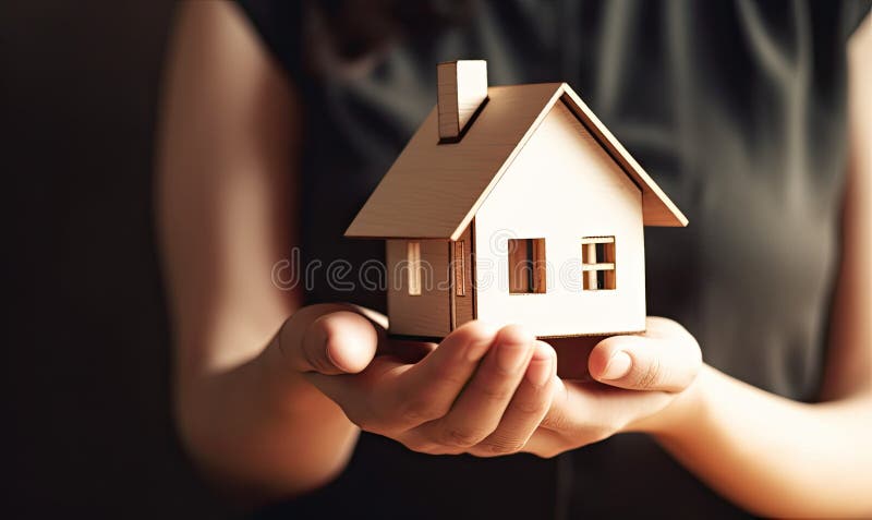 Woman Holding a Small Model House Dreaming of Homeownership. Creating ...