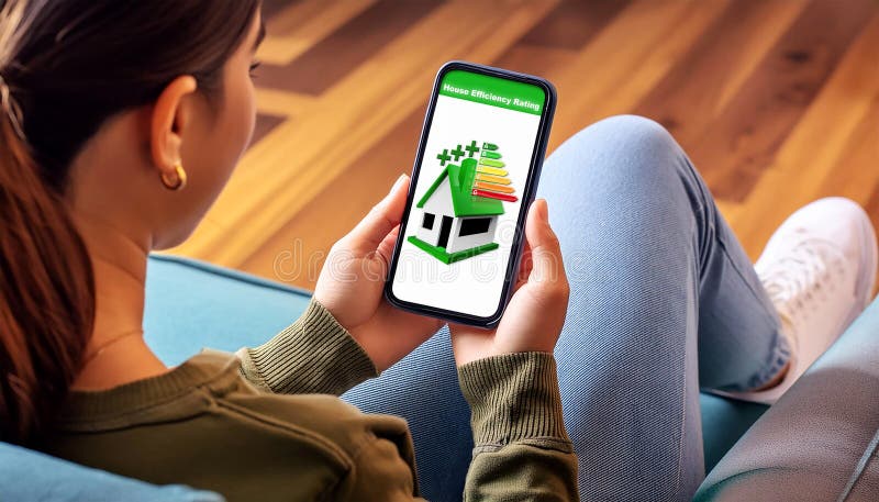Woman Holding Smartphone with Energy Efficiency Chart and Class on ...