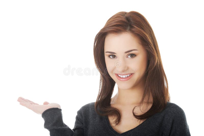 Woman Holding Something Imaginary on Hand Stock Image - Image of ...