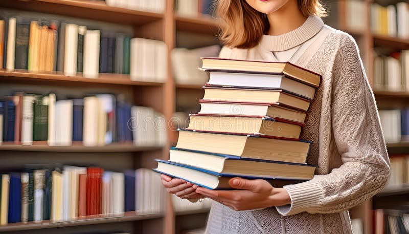 Woman Holding a Stack of Books in a Library Stock Illustration ...
