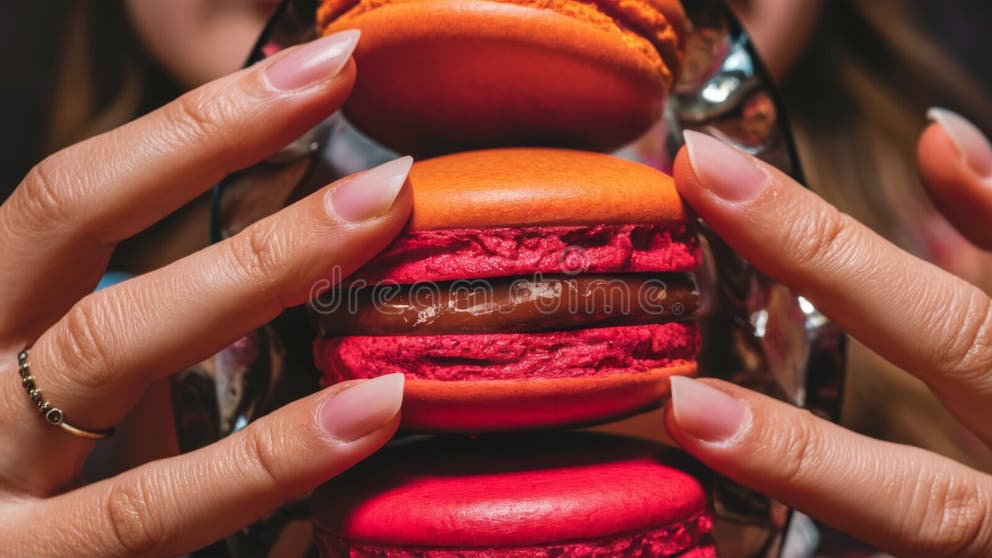 A Woman Holding a Stack of Macarons with Her Hands, AI Stock ...