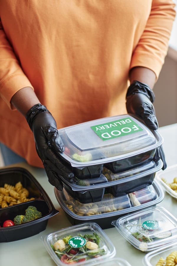Woman Holding Stack of Plastic Containers with Food Delivery Order ...