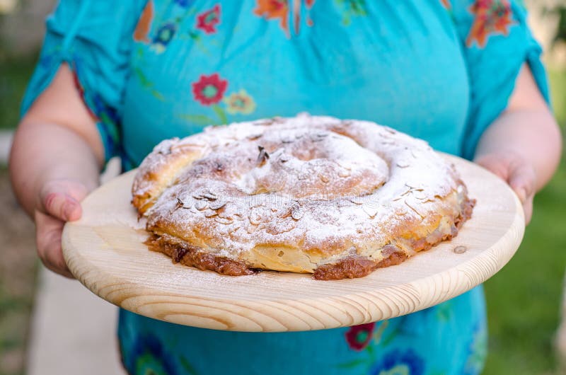 Woman holding strudel stock image. Image of cuisine, shirt - 31534801