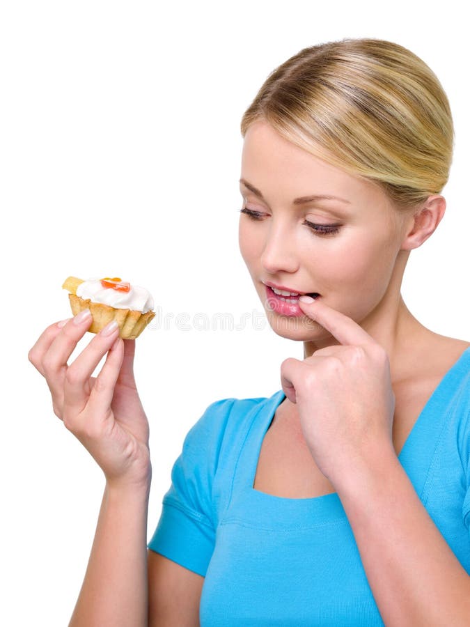 Woman Holding Sweet Cake And Looking On It Stock Image - Image of ...