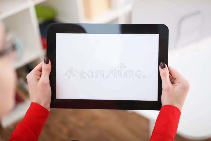 Woman Holding Tablet in Hands Stock Image - Image of office, laptop ...