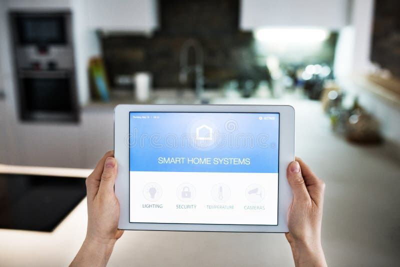 A Woman Holding a Tablet with Smart Home Screen. Stock Photo - Image of ...