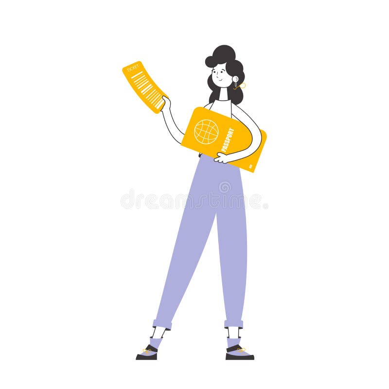 A Woman Is Holding A Ticket And A Passport Travel Theme Linear Style Isolated Vector Stock