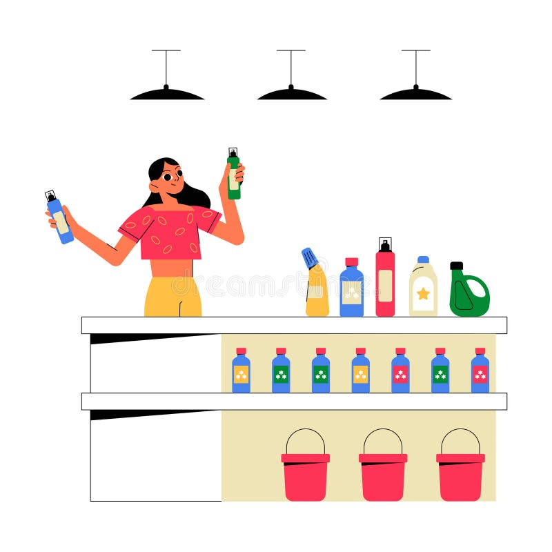 Woman Comparing Products on Store Shelves in Flat Vector Illustration ...